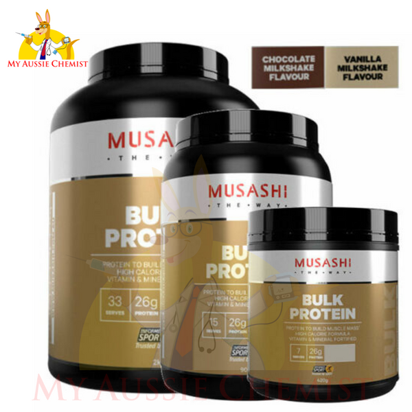 MUSASHI Bulk Protein Powder Choose 420g 900g 2KG & Chocolate OR Vanill ...