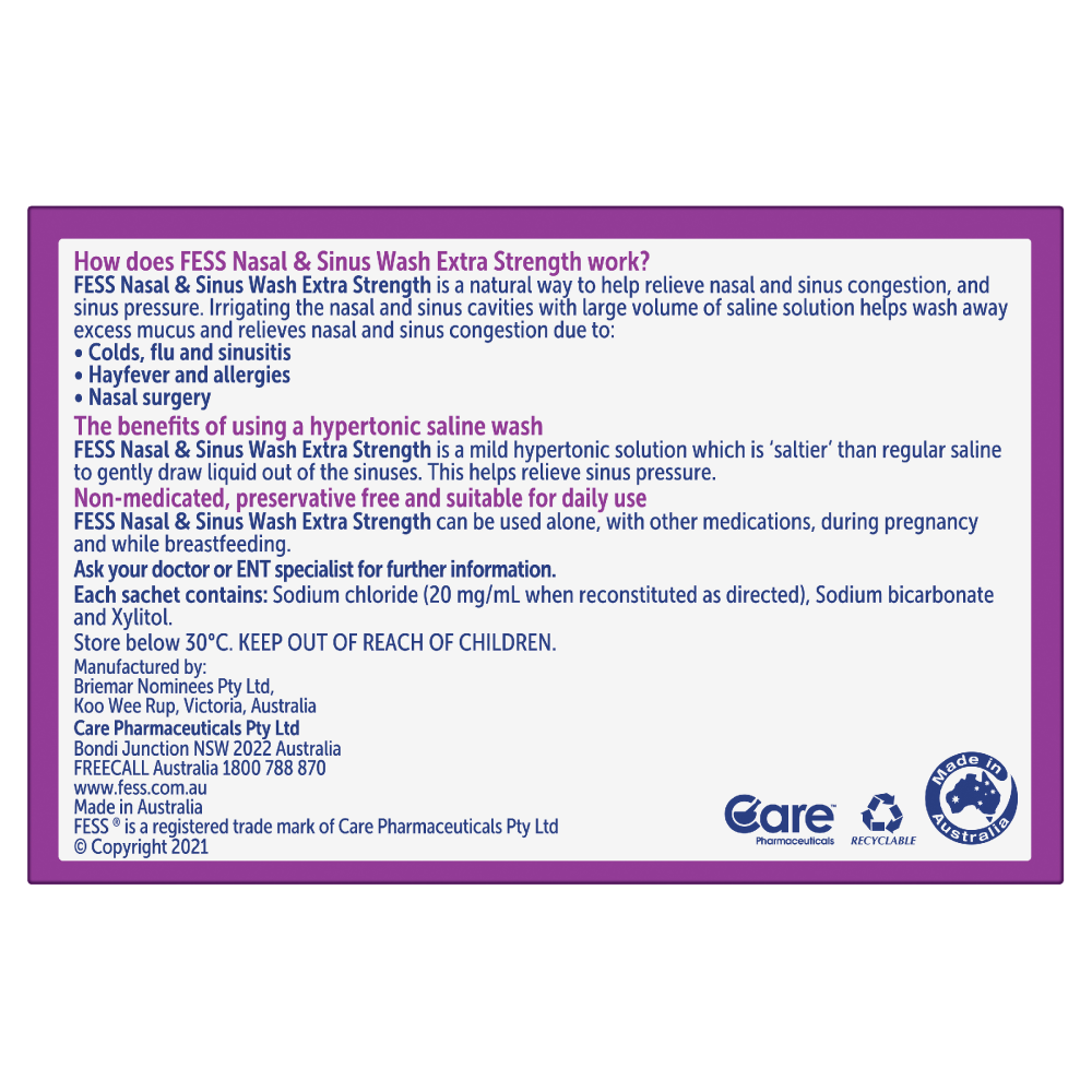 Fess Nasal & Sinus Wash Extra Strength 24 Sachets Hypertonic Cold Flu ...